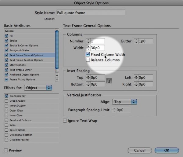 Make an Object Style specify frame width | CreativePro Network