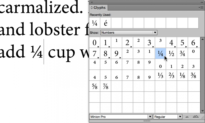 Find Characters Using the Glyphs Panel